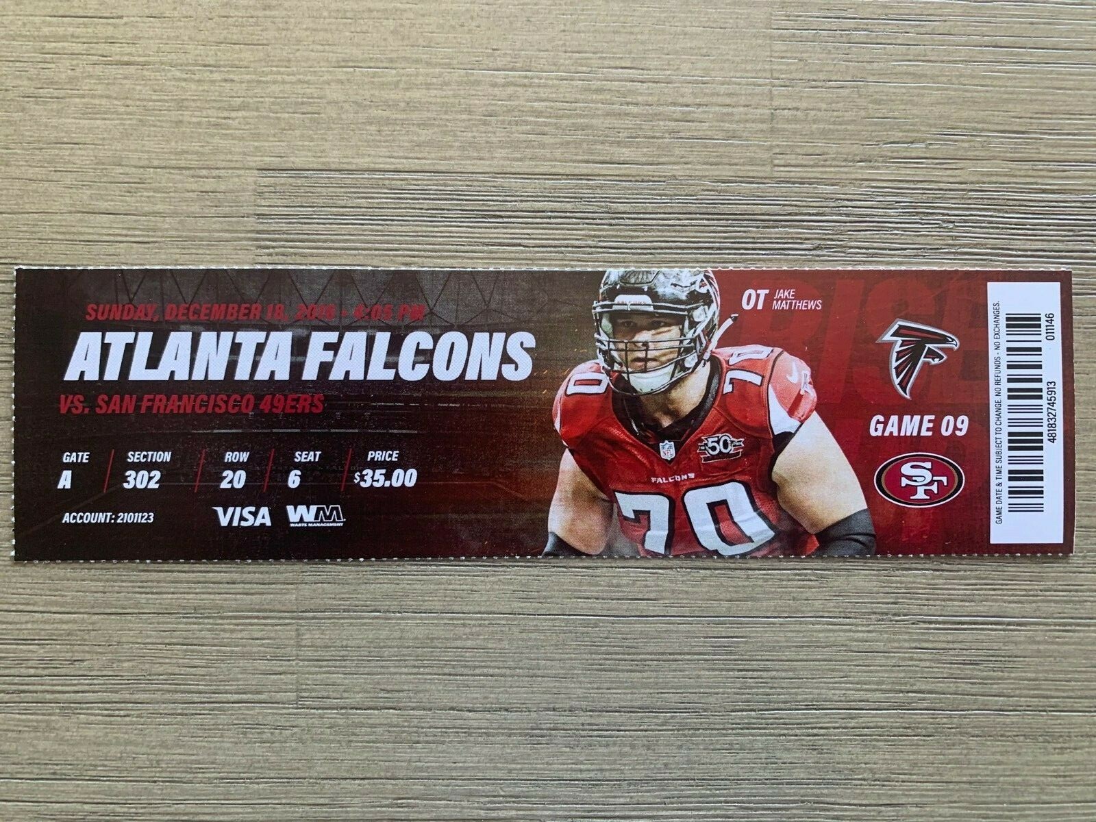 2016 Atlanta Falcons vs SF 49ers NFL Ticket Stub Georgia Dome 12/18 ...