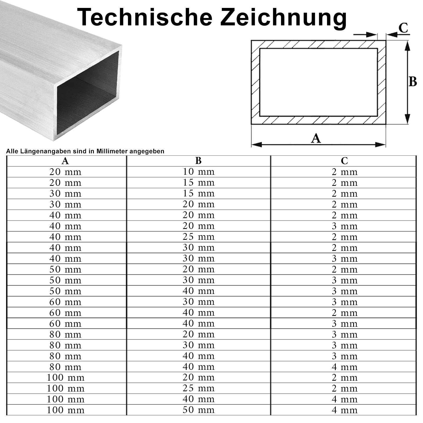 Aluprofil Alu Winkel Rechteckrohr Viereckrohr Aluminiumprofil Stange 1 ...