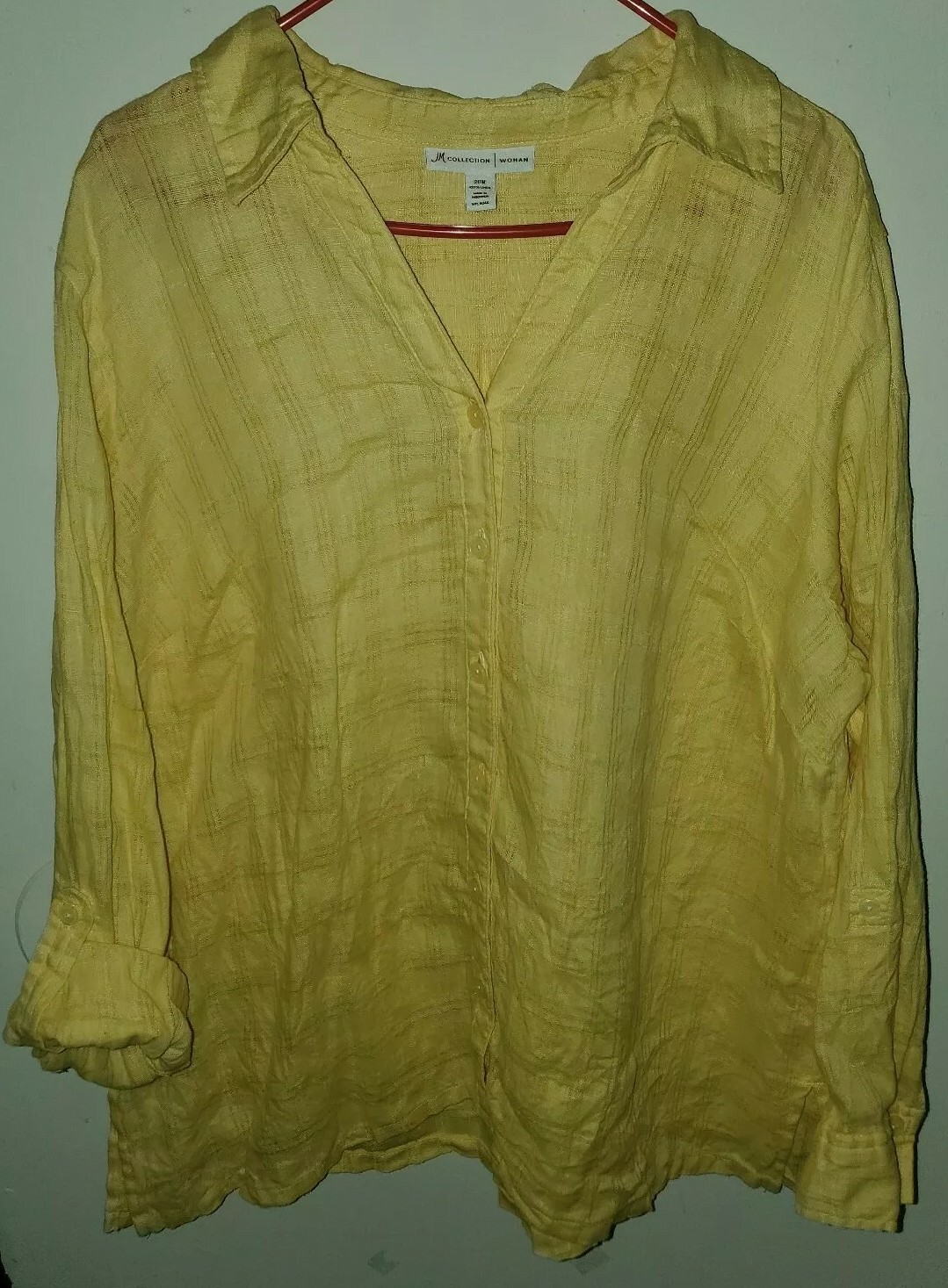 JM Collection Yellow 100% Linen Blouse With Roll Tab … - Gem