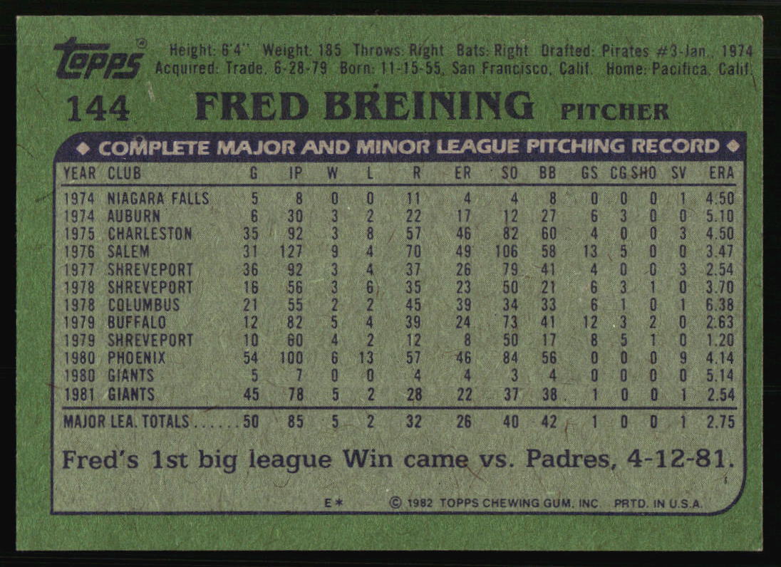 1982 Topps Fred Breining Rookie #144 San Francisco Giants | eBay