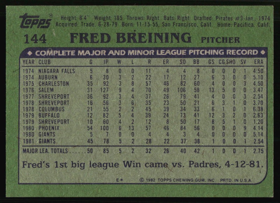 1982 Topps Fred Breining Rookie #144 San Francisco Giants | eBay
