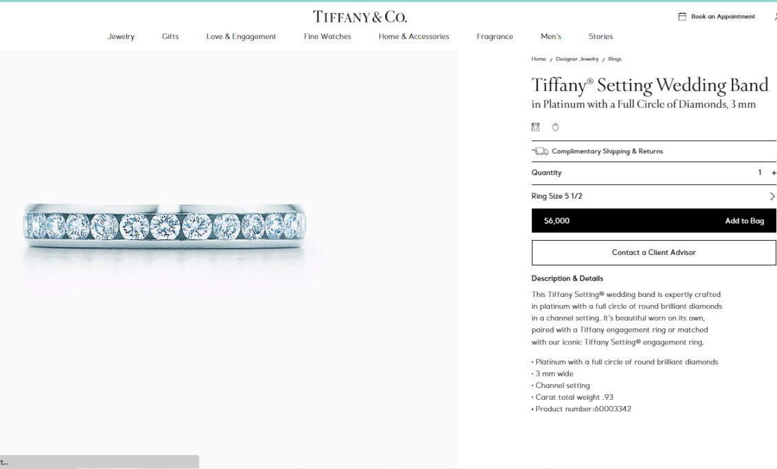 TIFFANY & Co. Platinum 3mm Full Circle Diamond Wedding Band Ring 5.5 ...