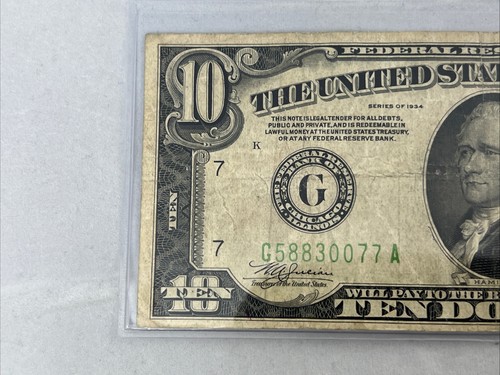 1934 Chicago $10 LGS Light Green Seal Federal Reserve Note Very Fine ...