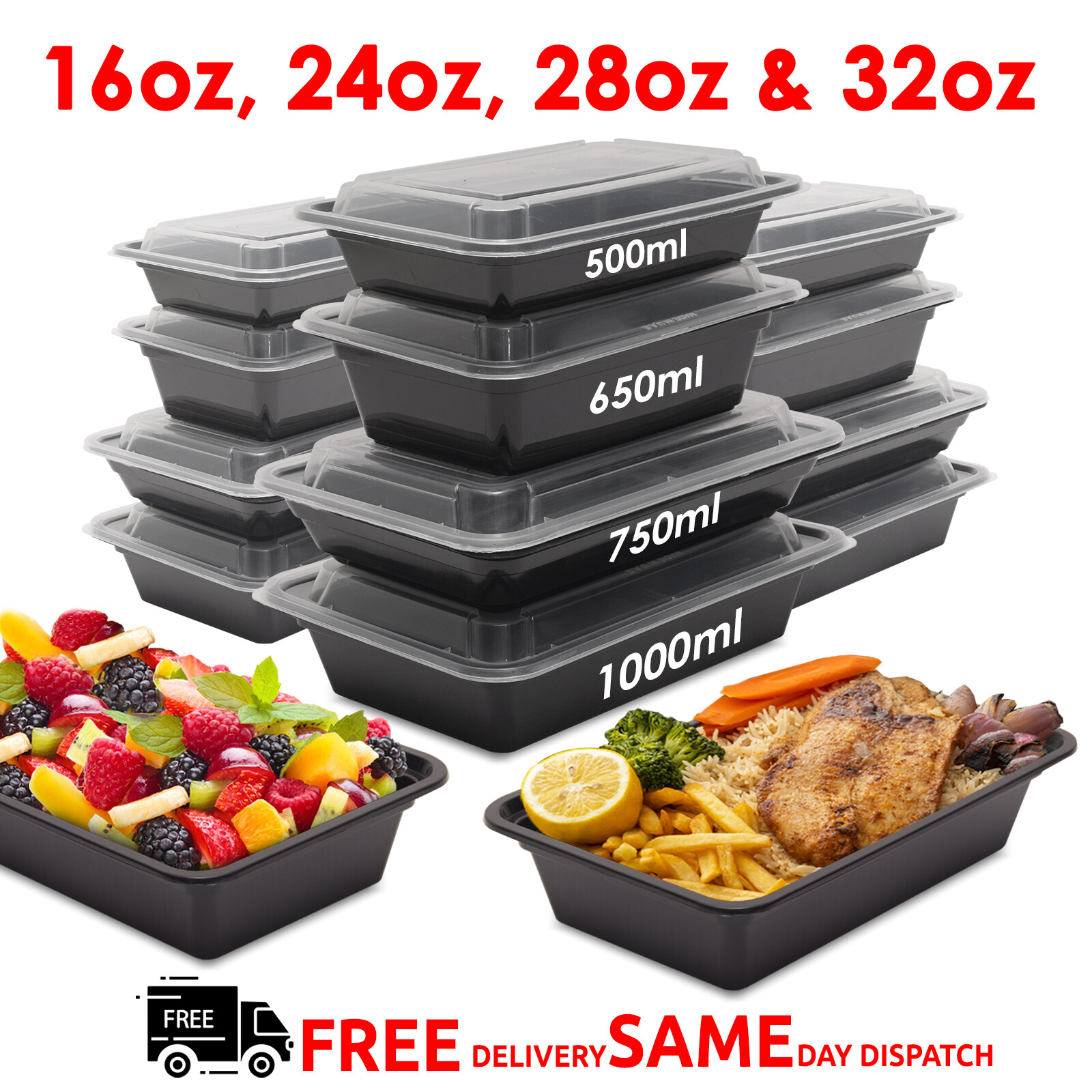 Food Storage Boxes Clear Black Containers With Lids Meal Prep Microwave ...