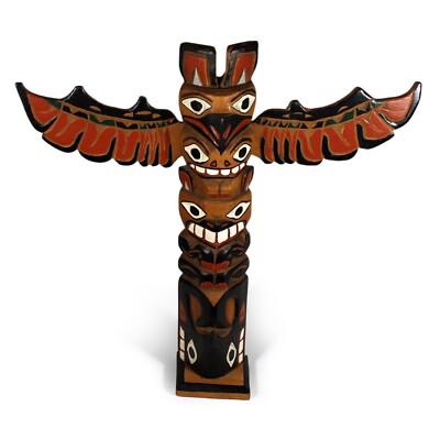 TOTEM POLE CARVED PAINTED WOOD ARTIST INITIALS TM 19.25" VINTAGE FIRST ...