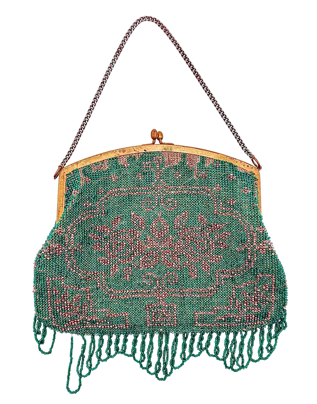 Antique Glass Beaded Art Deco Fringed Frame Purse Gre… - Gem