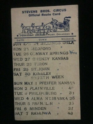 1949 Stevens Bros. Circus Official Route Card Weeks 3 & 4 | eBay