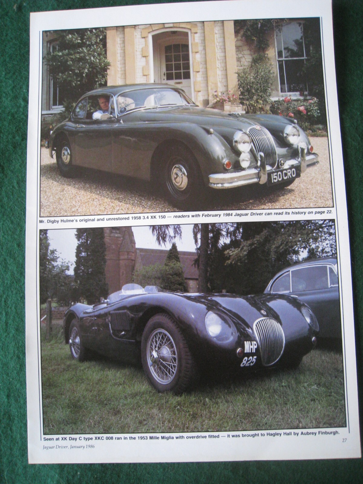 MR DIGBY HULME'S 1958 3.4 XK150 JAGUAR CAR 1986 ADVERT A4 SIZE FILE 1 ...
