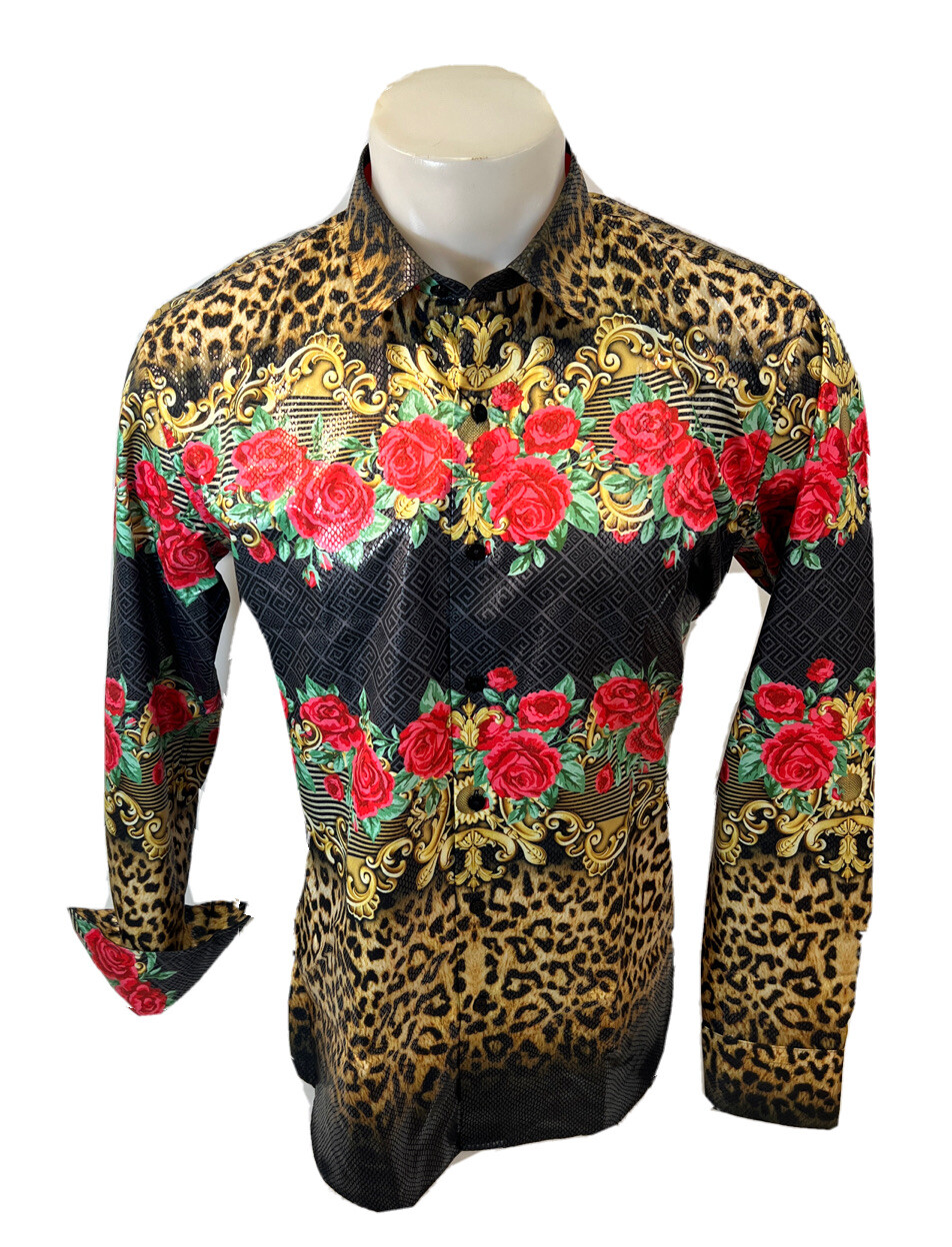 Button Down SHIRTS MEN BAROQUE LONG SLEEVE BLACK LEOPARD ROSES ...