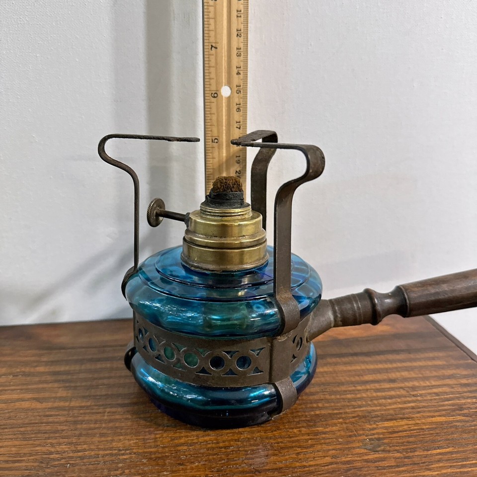 Antique French Alcohol Spirit Lamp Brass Burner Rare Blue Glass Tank ...