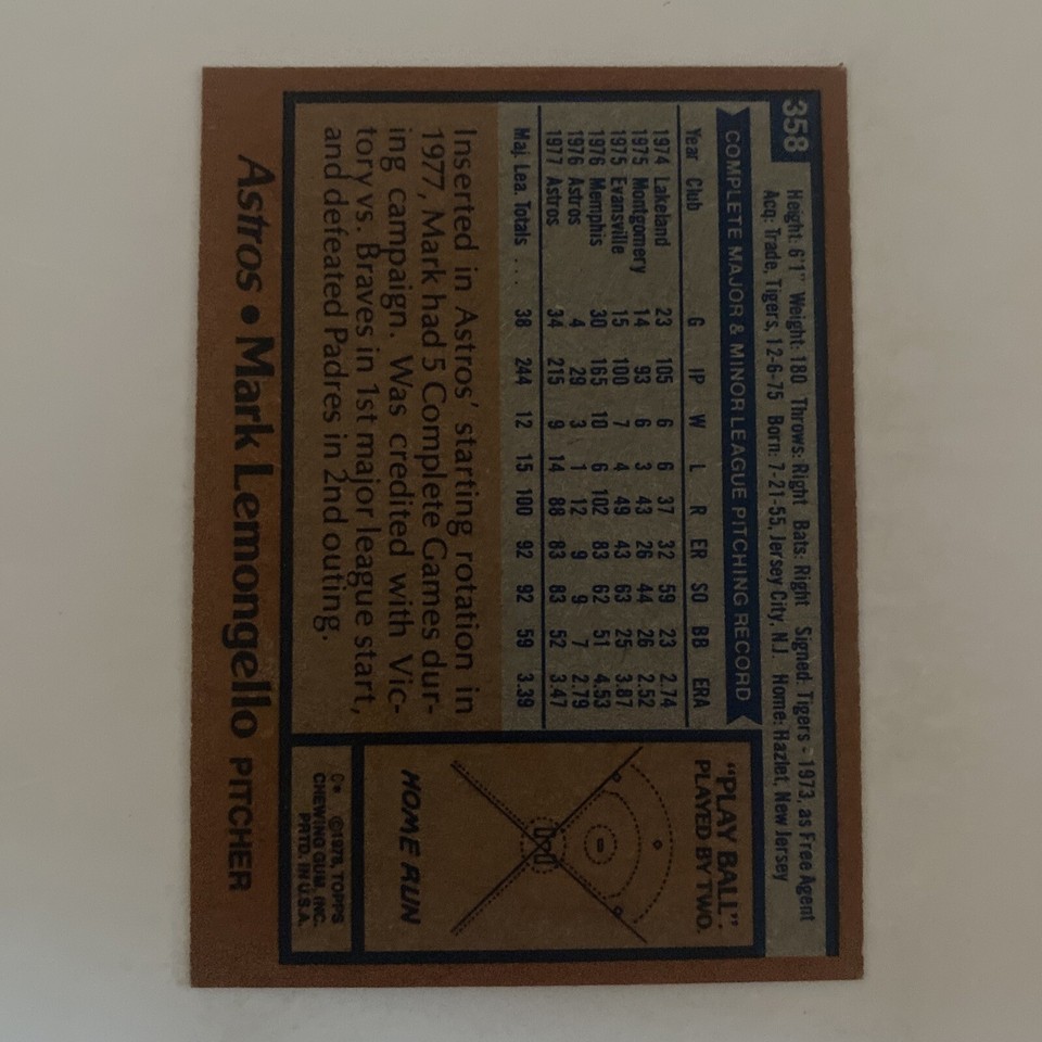 1978 Topps Baseball Mark Lemongello Houston Astros Card #358 | eBay