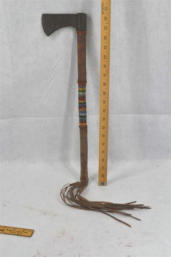 antique Native American tomahawk hatchet 20 in long beaded leather ...