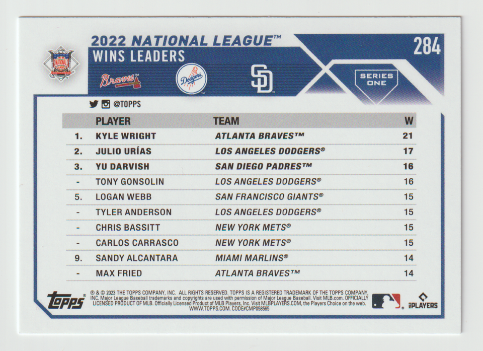 2023 Topps Baseball #284 Yu Darvish / Julio Urias / Kyle Wright League ...
