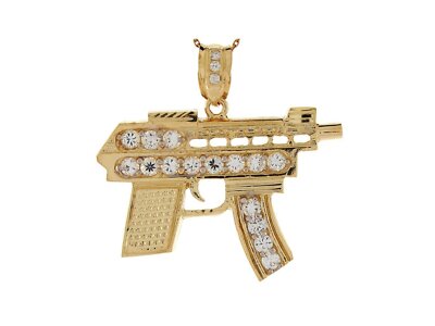 10k or 14k Yellow Gold White CZ Machine Gun Charm Pendant | eBay
