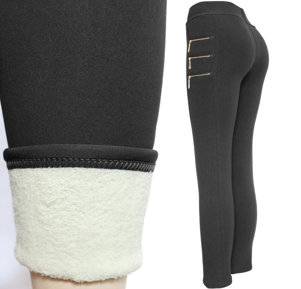 Zipper Detail Women's Winter Plush Lined Thick Pants Solid Color Dressy ...