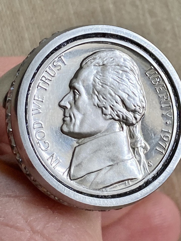 Handmade Silver 1971 American US Proof Cameo Jefferson Nickel Coin Ring ...