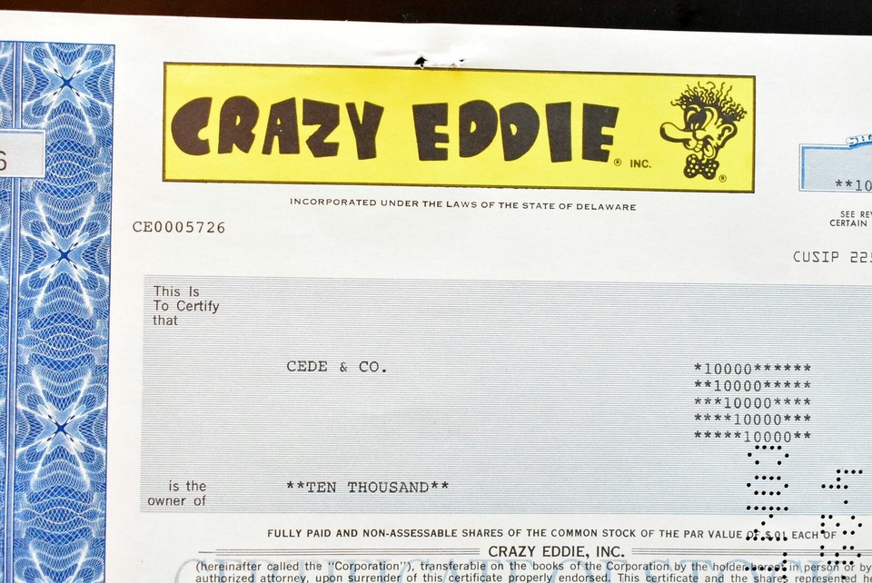 CRAZY EDDIE Stock Certificate 1986 New York City Electronics Store 10K ...
