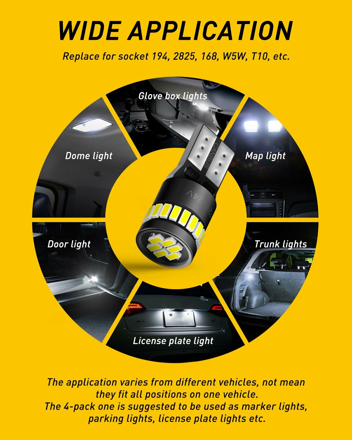 AUXITO 10x T10 194 LED Light Bulb 168 3014 White Super Bright Canbus No ...