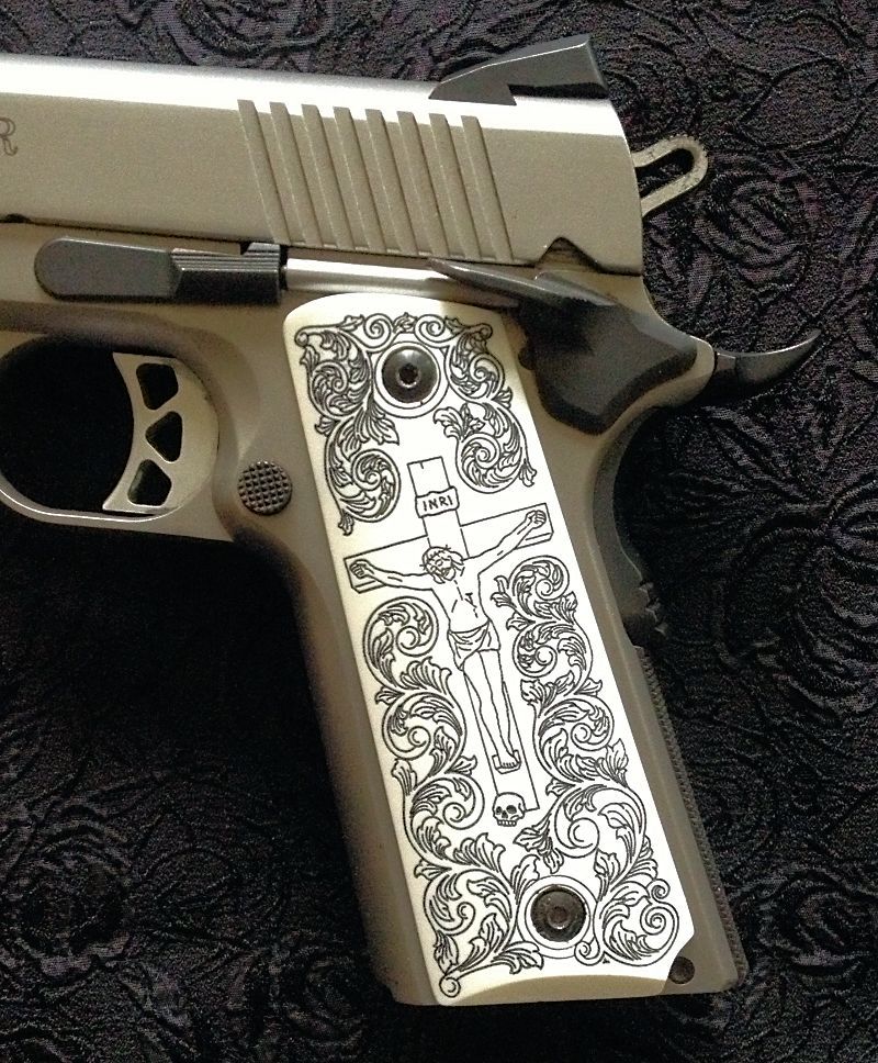 Colt 1911 custom imitation ivory grips Christian Cross Jesus Crucifix ...