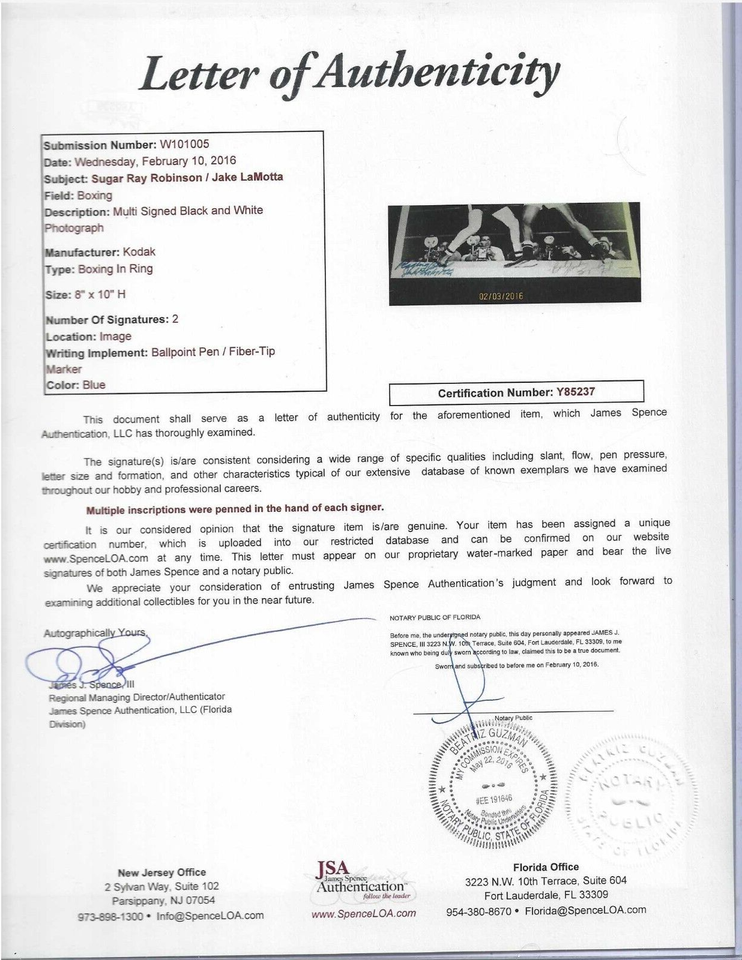 Sugar Ray Robinson & Jake LaMotta Pro Boxing Legends Autographed 8x10 ...