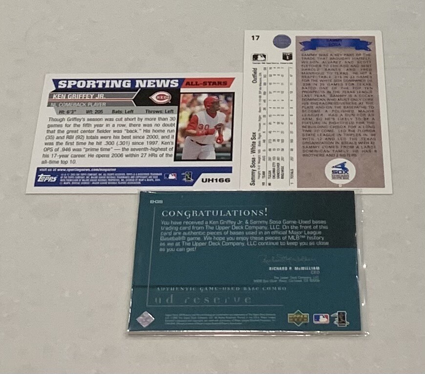 Ken Griffey Jr./ Sammy Sosa Game Base/ Sosa Rookie/ Griffey Jr Reds (3 ...