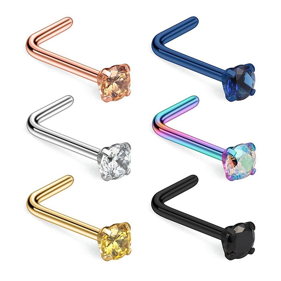 6 pcs Surgical Steel Nose Stud L Shaped Ring Mixed Color CZ 20G ...