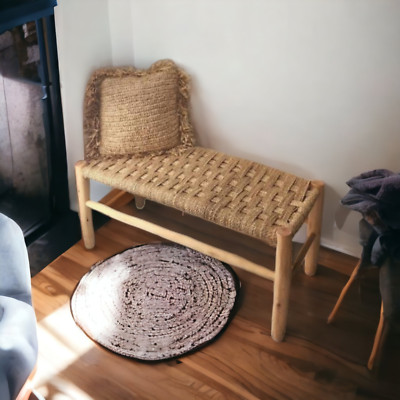 bench in raw wood and natural weaving braid,entryway bench, Moroccan ...