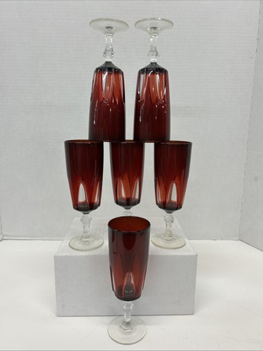 CRISTAL D'ARQUES-DURAND GOTHIC PATTERN RED RUBY GLASS STEM PARFAIT CHAMPAGNE 6! | eBay