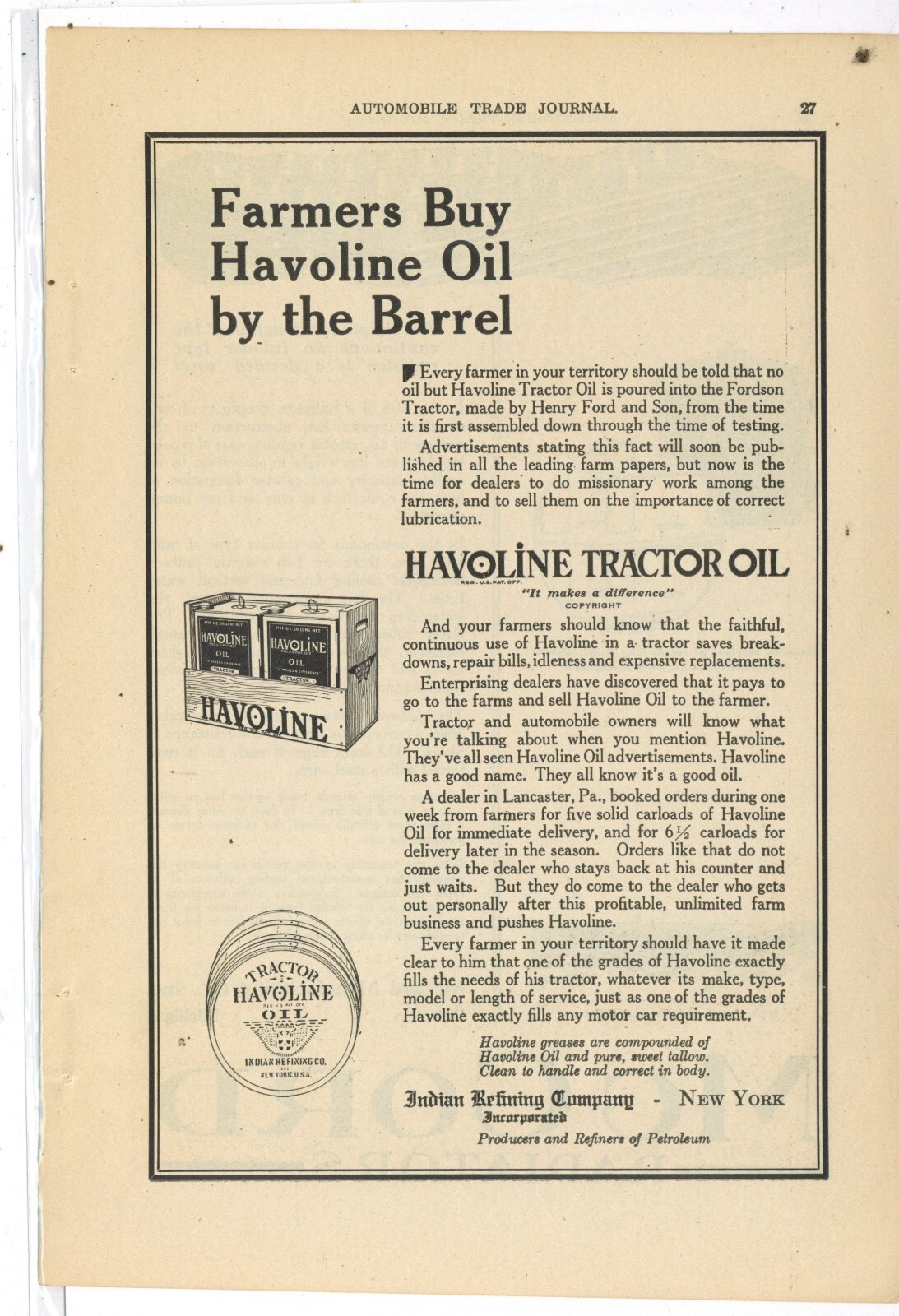 1919 Indian Refining Ad: Havoline Tractor Oil - Cans, Barrel Pictured ...