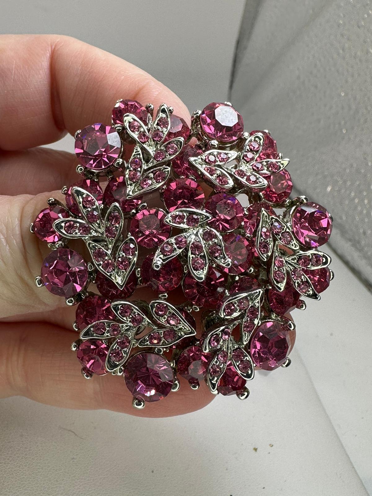 Flower Layered Pink Rhinestones Vintage Silver Brooch… - Gem