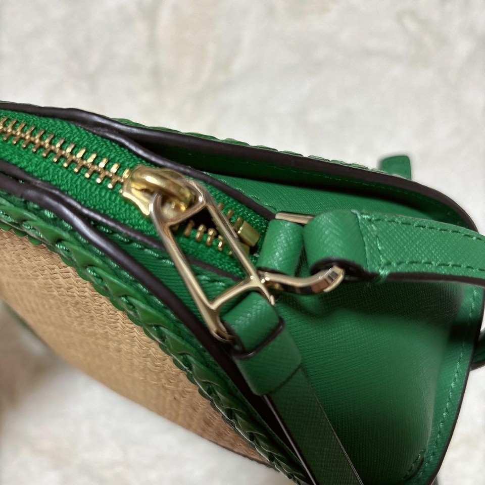 Kate Spade Green Straw Crossbody Bag Leather Bicolor Round Purse Strap ...