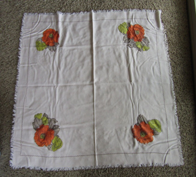 Vintage Appliqued Floral Cotton Linen Table Cloth Card Table Size Beige ...