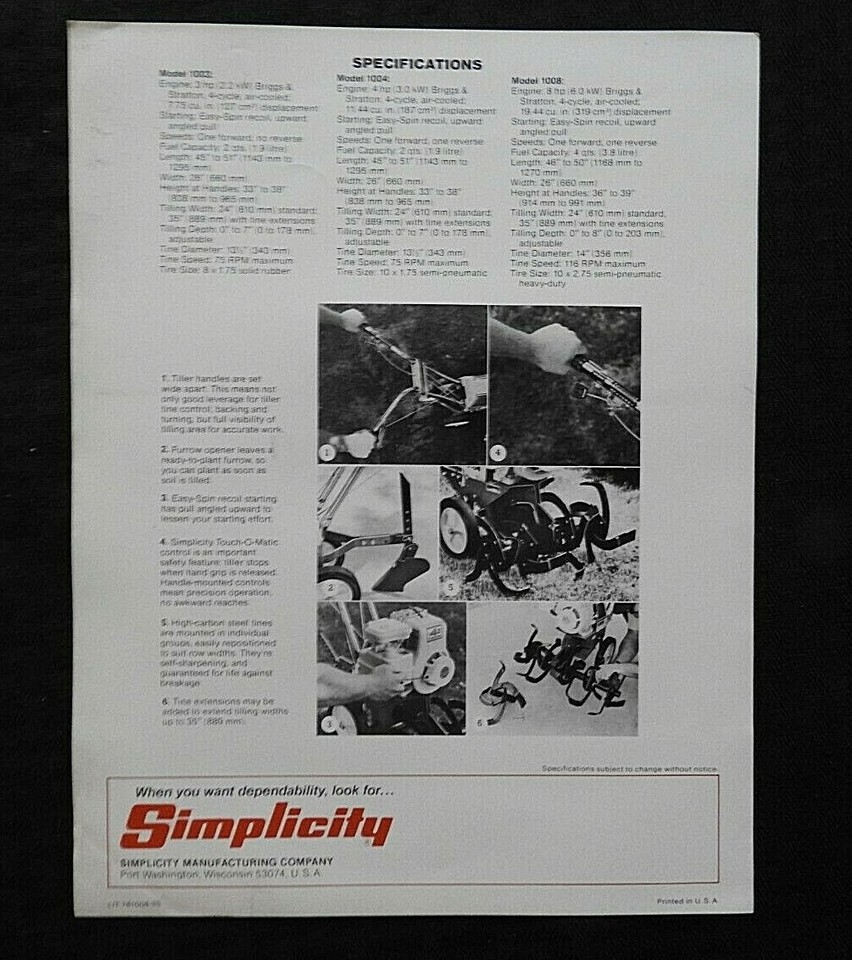 1970s SIMPLICITY "ROTICUL" 3-4-8 hp ROTARY TILLER SALES BROCHURE ...