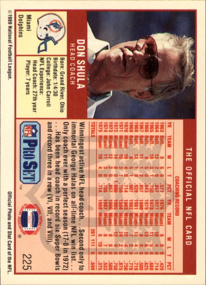 DON SHULA ~ 1989 Pro Set Football Rookie Card RC #225 ~ Miami Dolphins ...