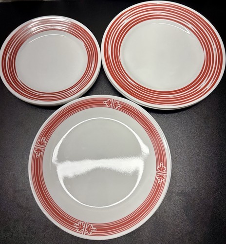 Vtg 12pc Corelle Dish Set Stroke of Red Stripes On White Plates Service ...