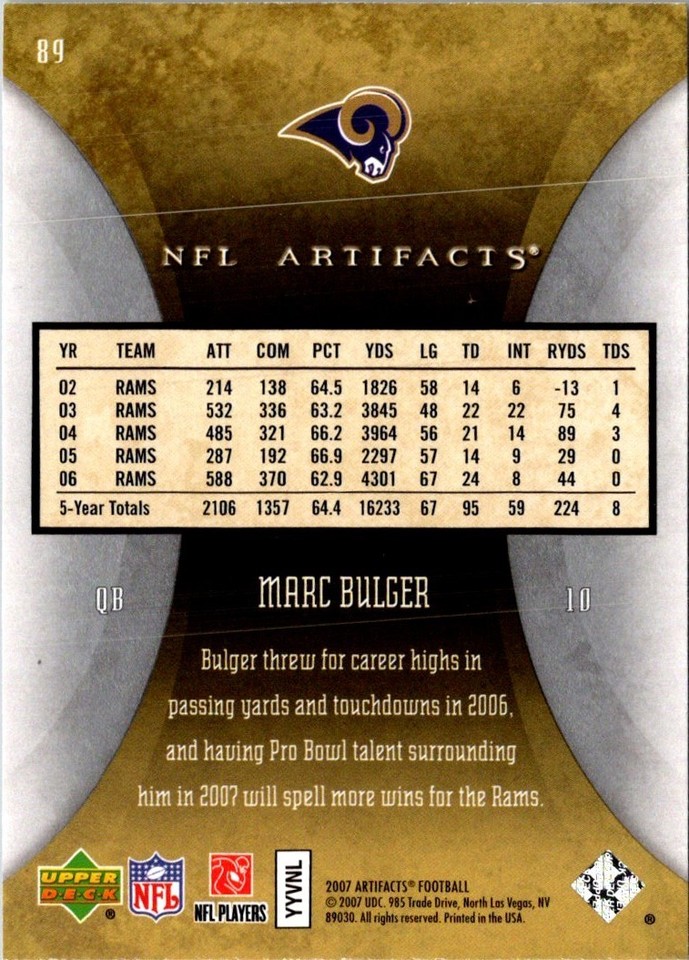 2007 Upper Deck Artifacts Marc Bulger #89 St. Louis Rams Football Card ...