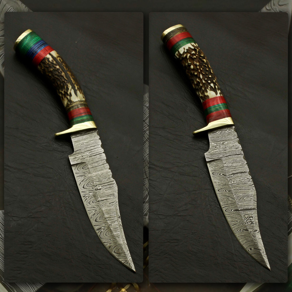 LOT OF 2 CUSTOM MADE HAND FORGED DAMASCUS HUNTING/SKINNING KNIFE/STAG ...