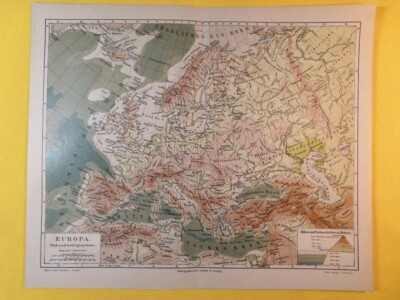 1902 Europe Continent Map River Mountain Antique Systems ORIG 11.5 x 9 ...