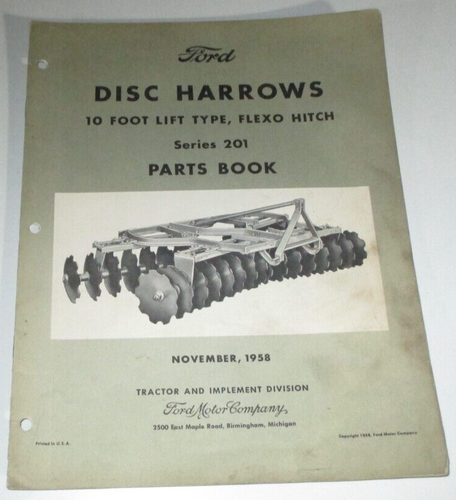 Ford Series 201 Disc Harrows Parts Book Catalog Manual ORIGINAL! 1958 ...