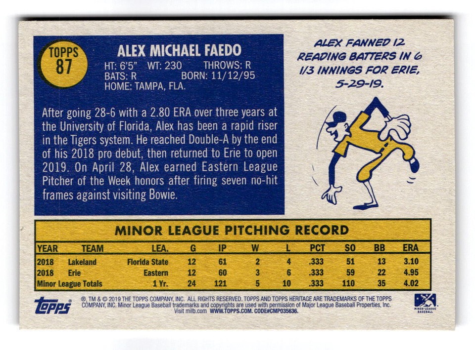 2019 Topps Heritage Minor League Alex Faedo 87 Detroit Tigers | eBay