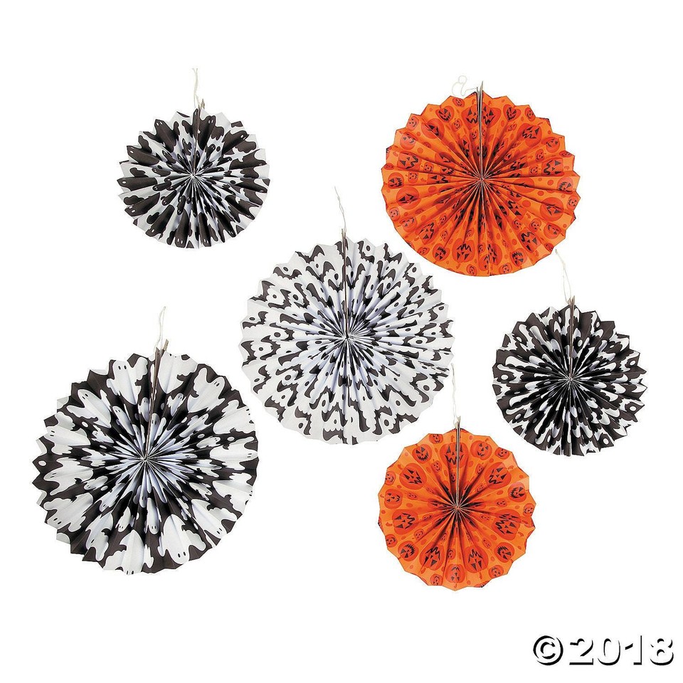 6 HALLOWEEN HANGING PAPER FANS ORANGE BLACK & WHITE BATS GHOST PARTY ...