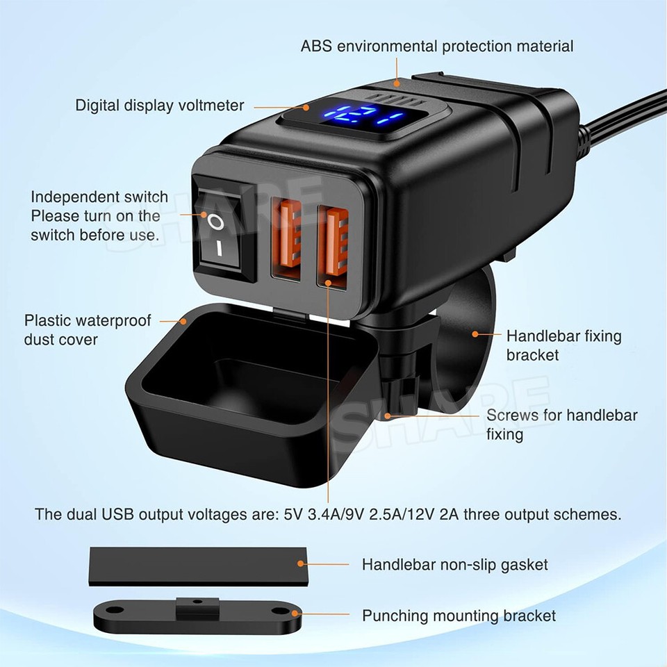 Dual USB Port Motorcycle Fast Charger Socket LED Voltmeter Display ON ...