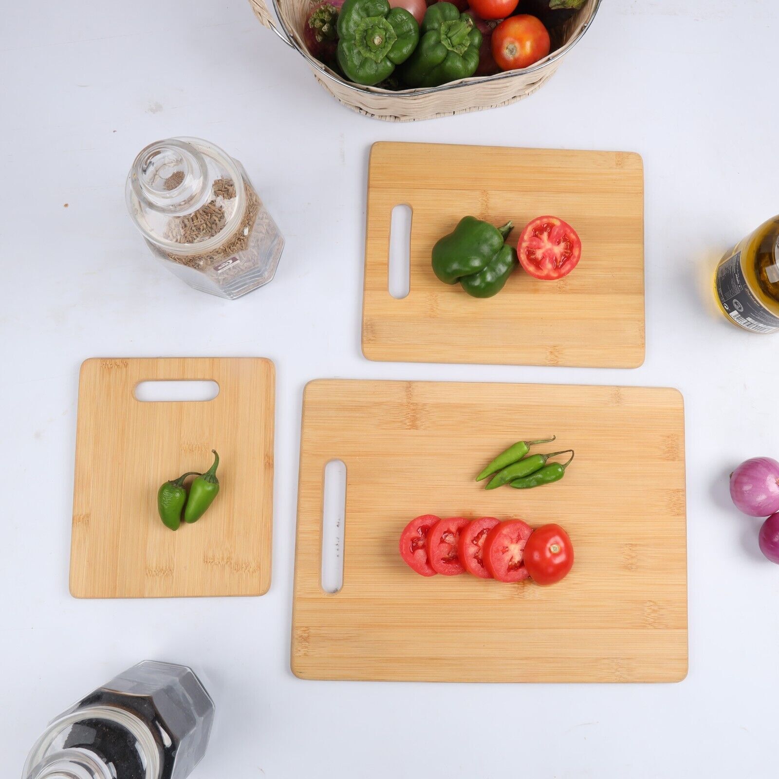 Bamboo Wooden Chopping Board Set Large Kitchen Food Cutting & Serving ...