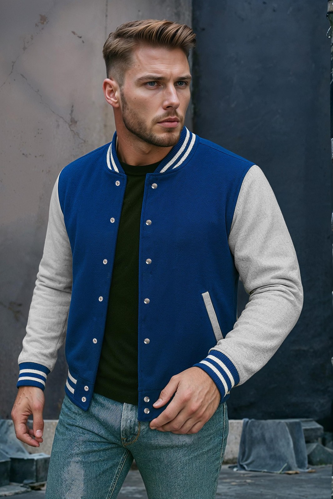 Decrum Men's Fleece Varsity Jacket, Royal Blue & Grey - Casual Fall ...