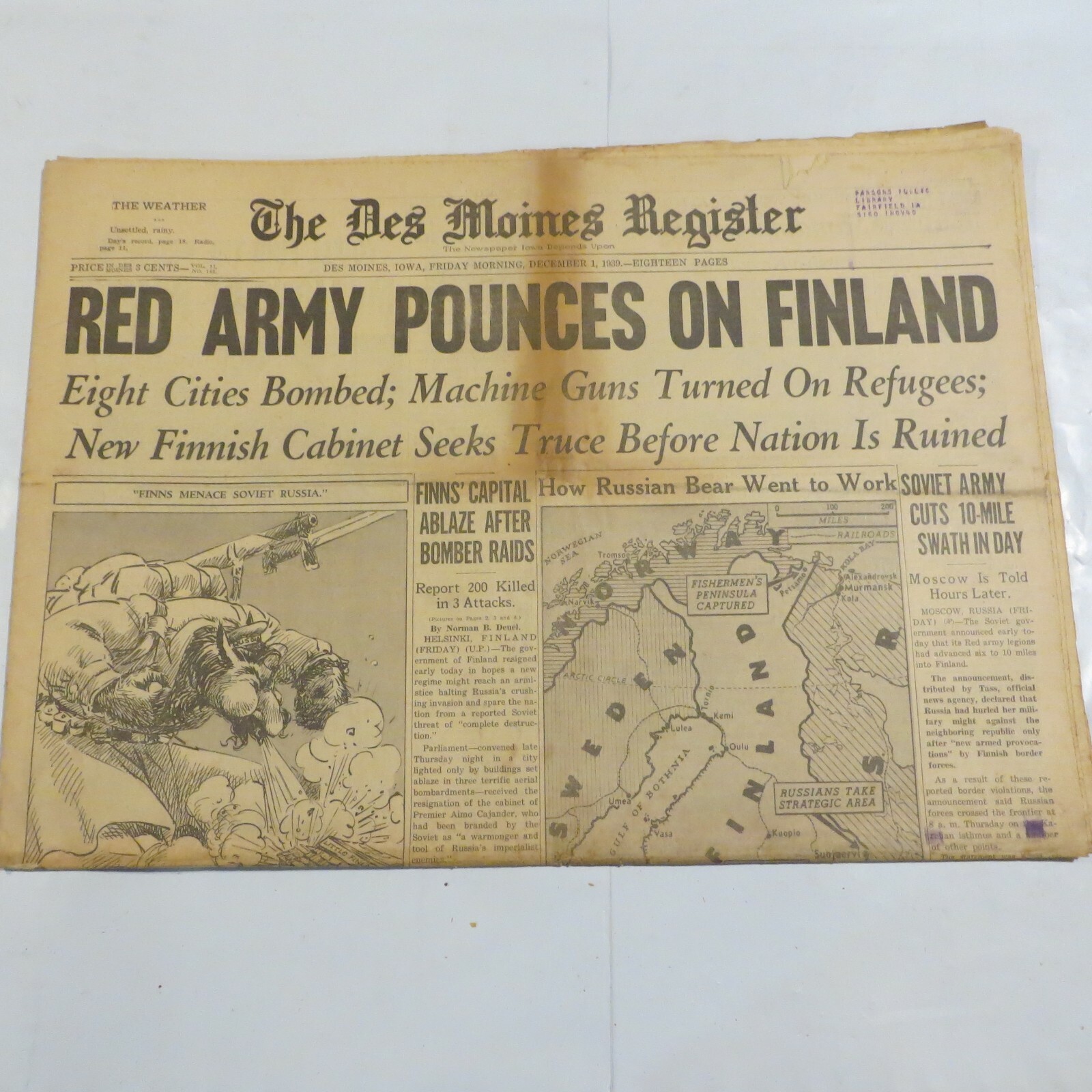 Des Moines Register December 1 1939 WW2 Red Army Pounces on Finland ...