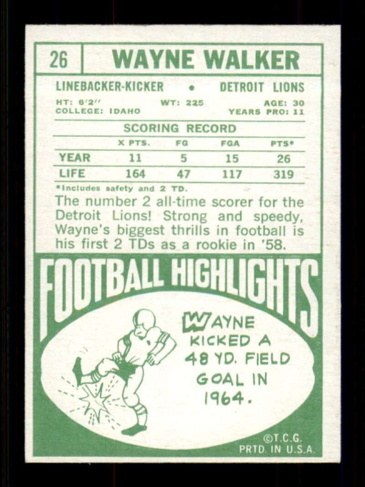 1968 Topps #26 Wayne Walker EX+ Lions 563004 | eBay