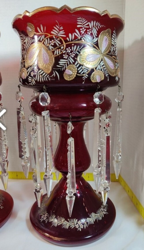 Antique Pair Ruby Red Mantle Lusters Hand-Painted Details w/ Prisms | eBay