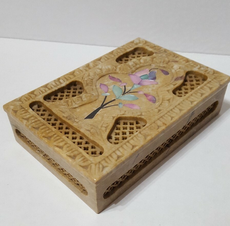 Vintage Hand Carved Soapstone Floral Jewelry Box with mother of pearl ...