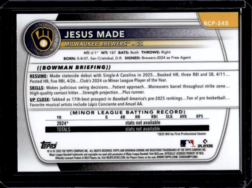 2025 Bowman Chrome Jesus Made Prospects Purple Geometric Refractor ...