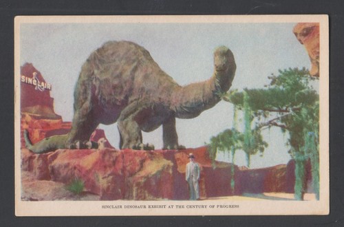 border postcard Sinclair Oil Dinosaur exhibit Century of Progress ...